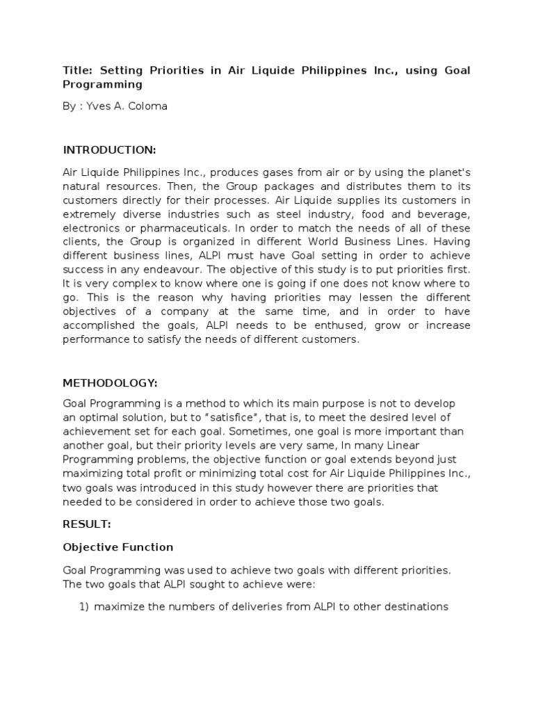 Title: Setting Priorities in Air Liquide Philippines Inc., Using Goal Programming | PDF | Goal ...