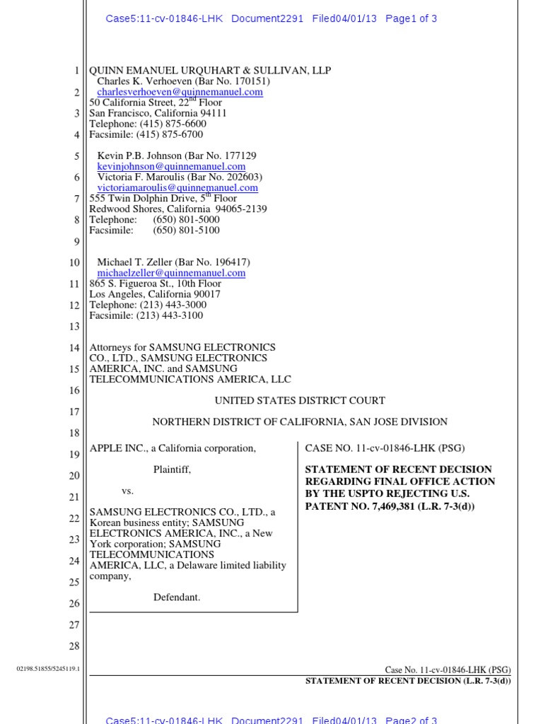 USPTO Final Office Action in Samsung v. Apple | United States Patent ...
