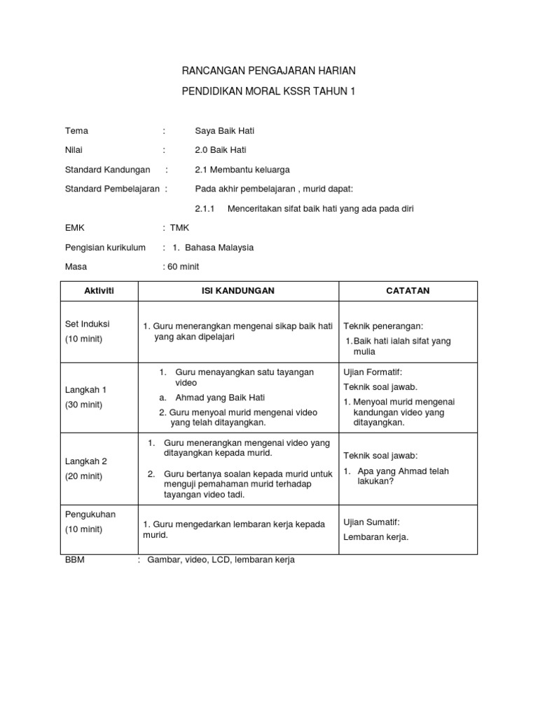 Contoh RPH Moral KSSR Tahun 1 | PDF