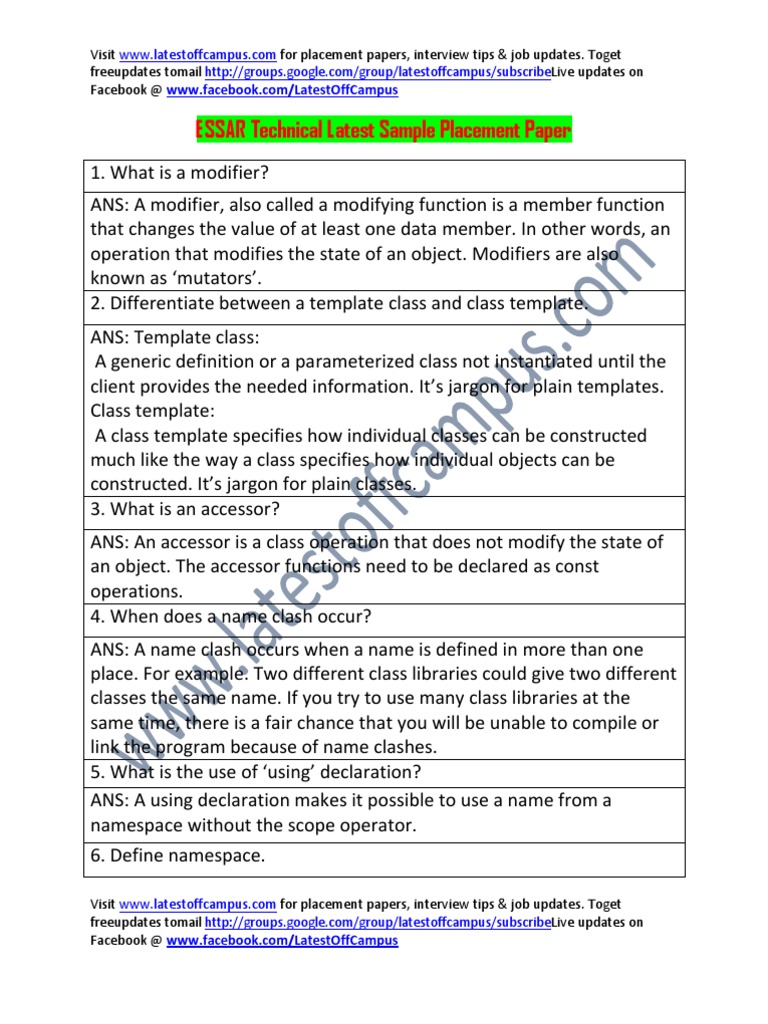 ESSAR Sample Technical Placement Paper | PDF | Class (Computer Programming) | Inheritance ...