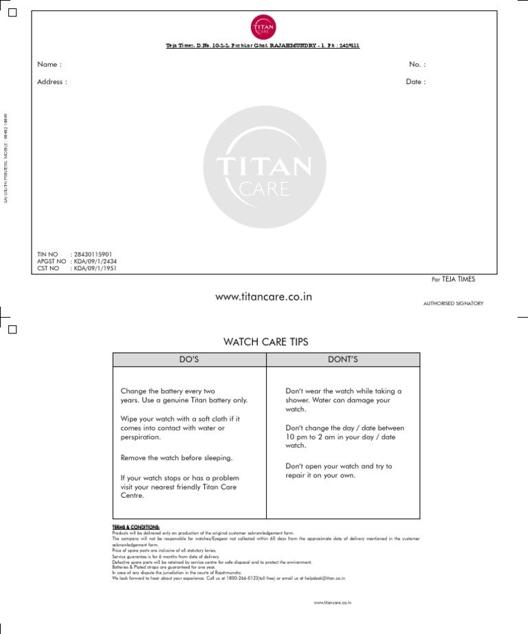 Titan Watch Care and Warranty Guide | PDF