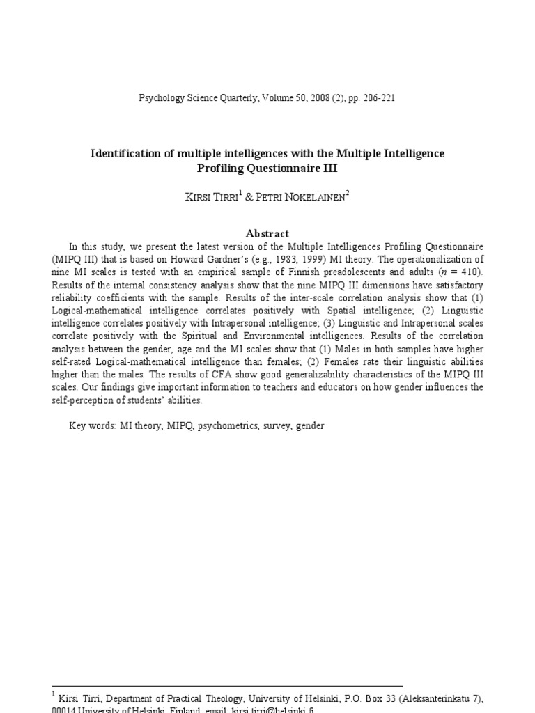 Identification of Multiple Intelligences With The Multiple Intelligence Profiling Questionnaire ...