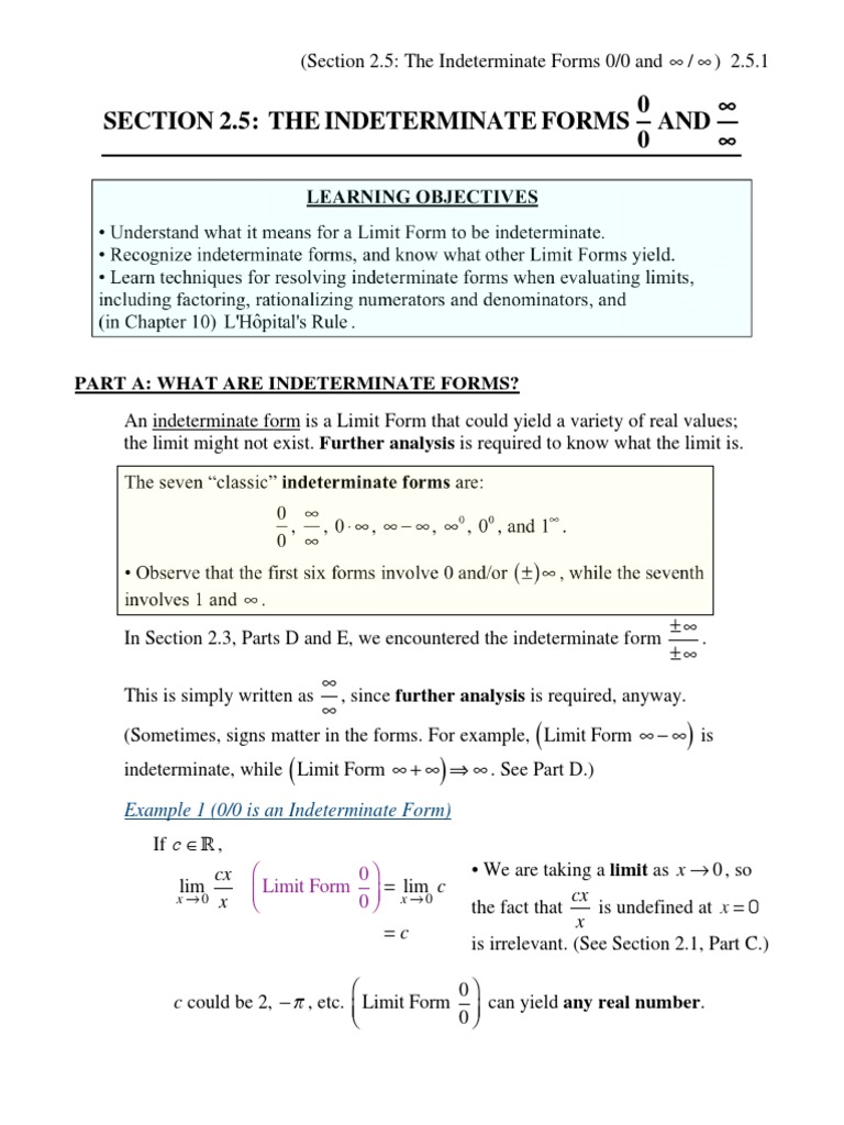 Section 2.5: The Indeterminate Forms 0 0 AND: Learning Objectives | Download Free PDF | Fraction ...