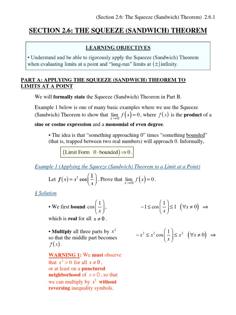 Section 2.6: The Squeeze (Sandwich) Theorem: Learning Objectives | PDF ...
