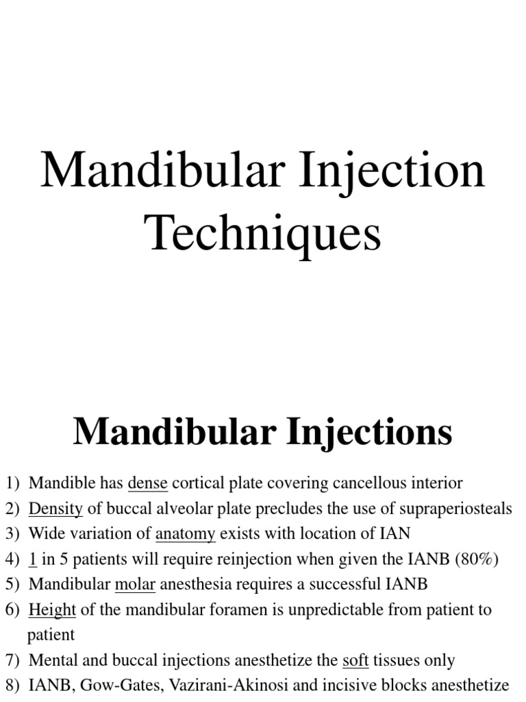 Mandibular Injection Techniques | PDF | Anesthesia | Mouth