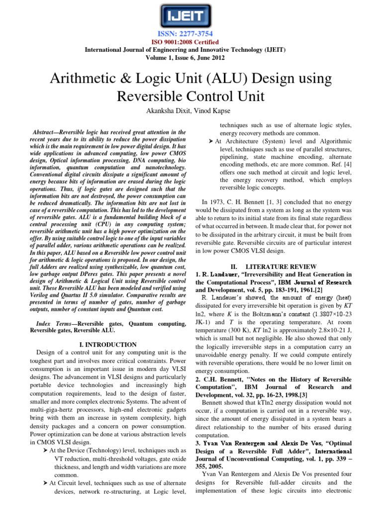 Arithmetic & Logic Unit (ALU) Design Using Reversible Control Unit ...