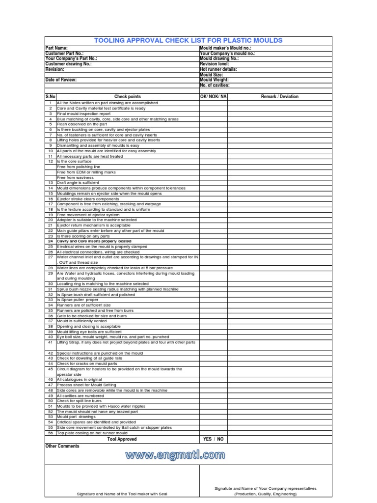 Tooling Approval Checklist for Moulds | PDF | Screw | Machine Tool