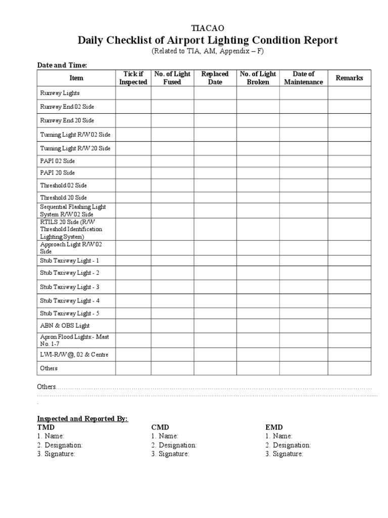 Daily Checklist of Airport Lighting Condition Report: Date and Time ...