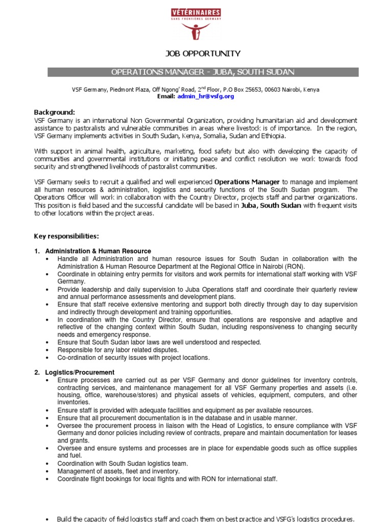 Operations Manager Juba - Advert | PDF | Logistics | Procurement