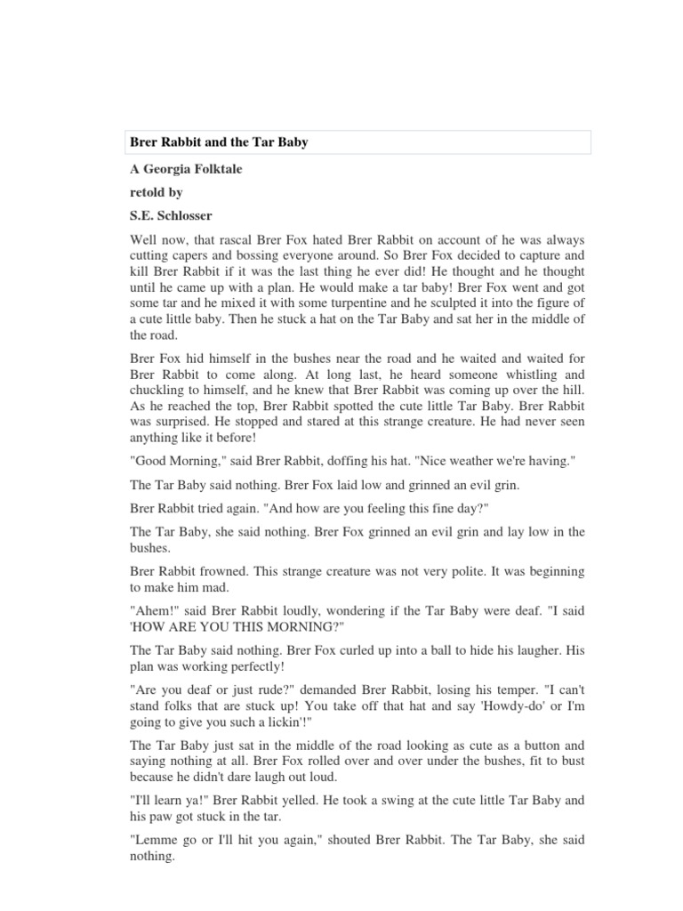 Brer Rabbit and the Tar Baby Tale | PDF | Leisure