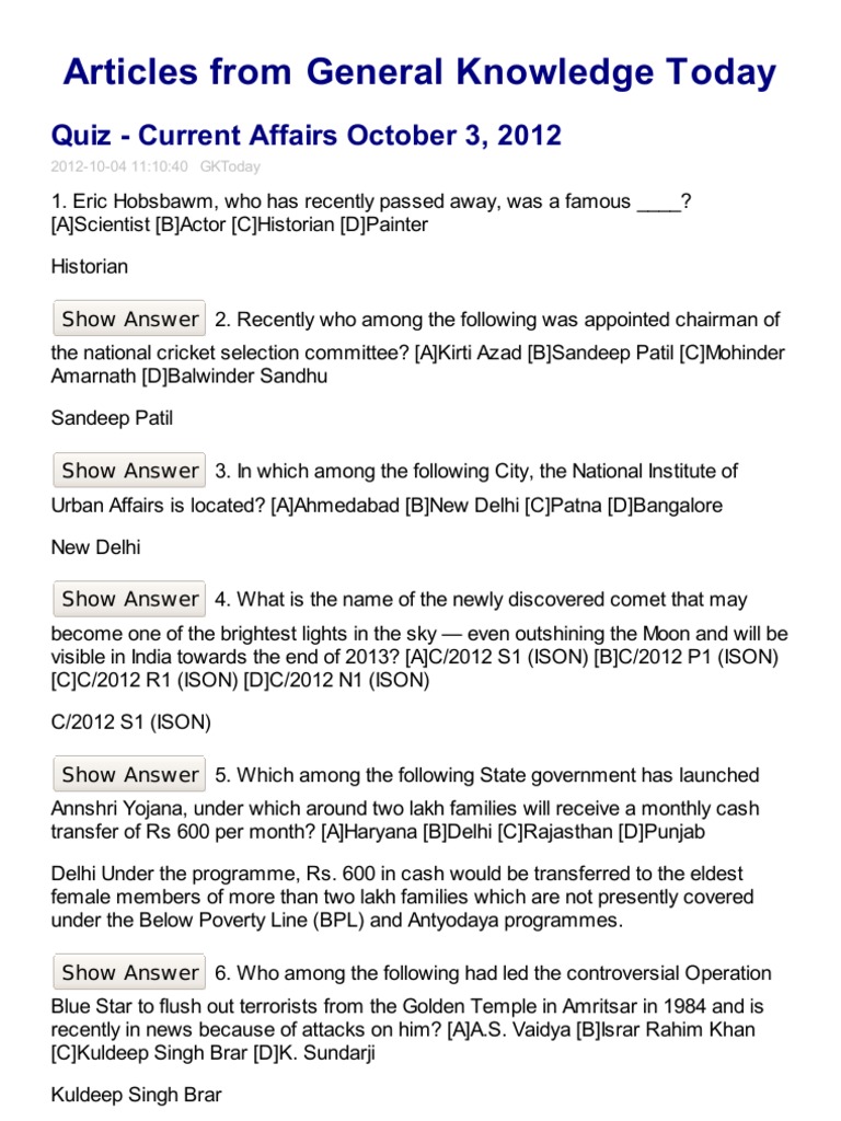 Articles From General Knowledge Today: Quiz - Current Affairs October 3, 2012 | PDF | Delhi