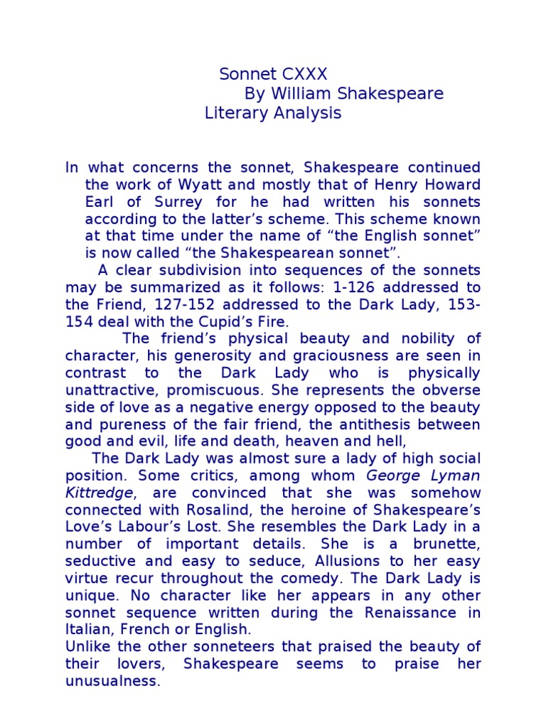 Sonnet CXXX by William Shakespeare Literary Analysis: Kittredge, Are ...