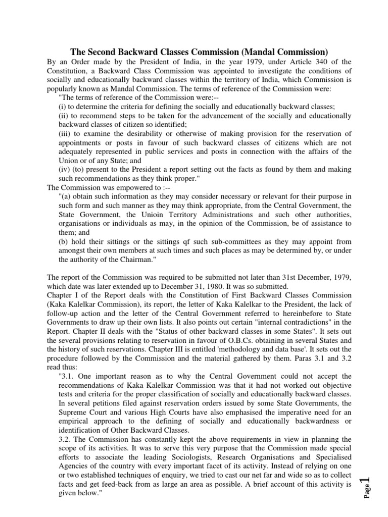 The Second Backward Classes Commission (Mandal Commission) | PDF ...