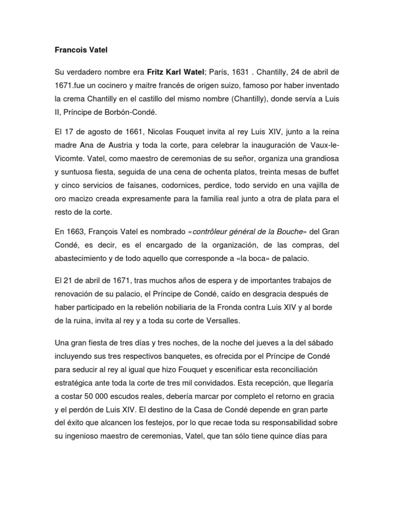 François Vatel: Maestro de la Gastronomía | PDF | Alimentos