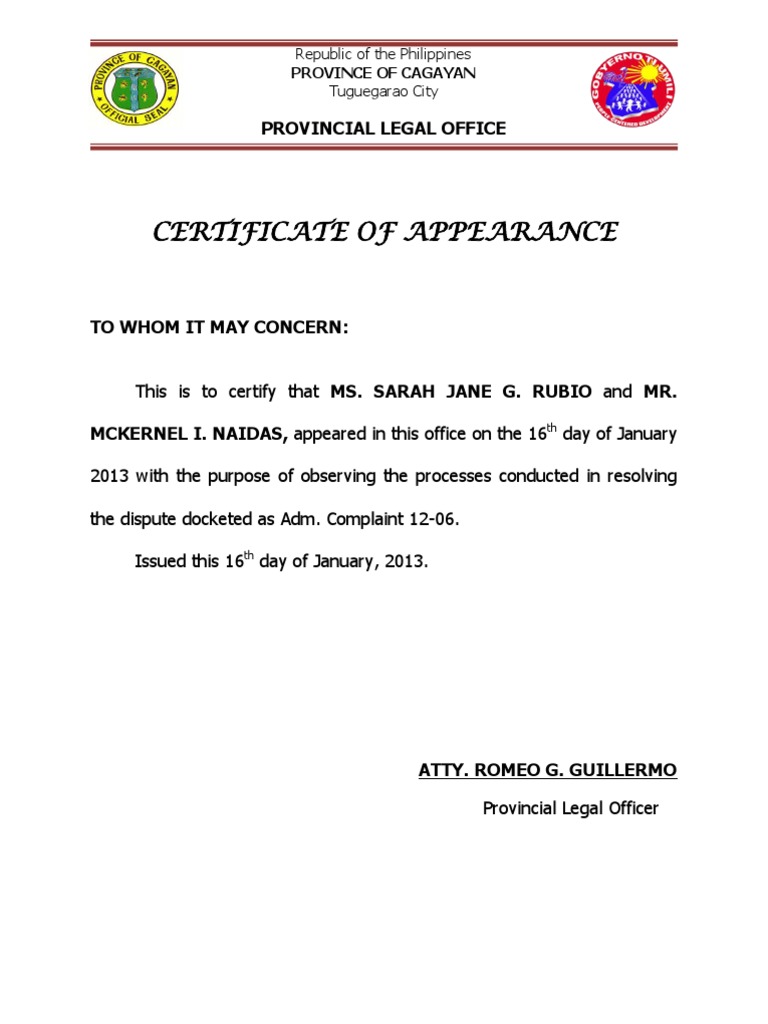 Certificate of Appearance: Provincial Legal Office | PDF | Law