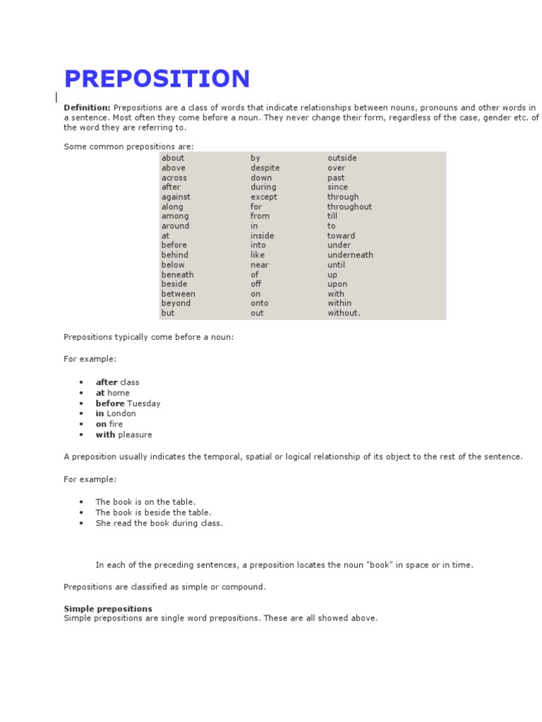 Understanding Prepositions in Grammar | PDF | Noun | Preposition And ...