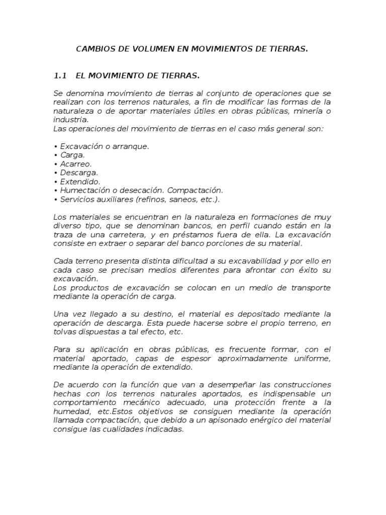 Cambios de Volumen en Movimientos de Tierras | PDF | Densidad | Costo