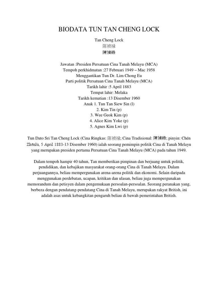 biodata tun tan cheng lock - Christopher Cornish