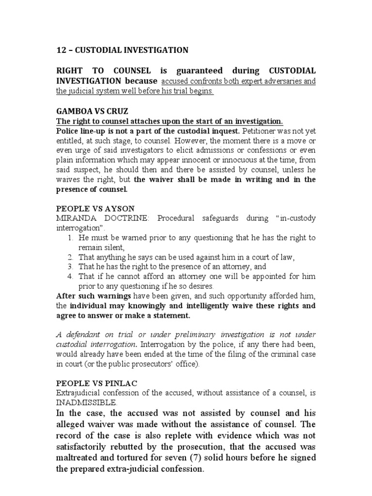 12 - Custodial Investigation RIGHT TO COUNSEL Is Guaranteed During ...