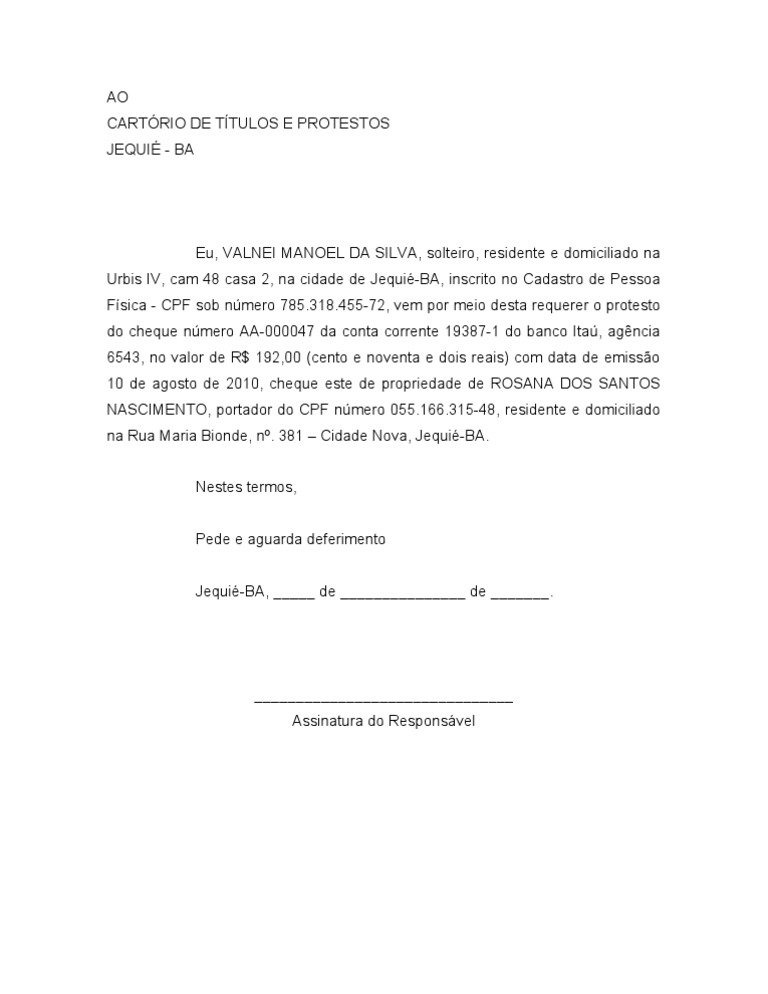 Carta Protesto de Cheque | PDF