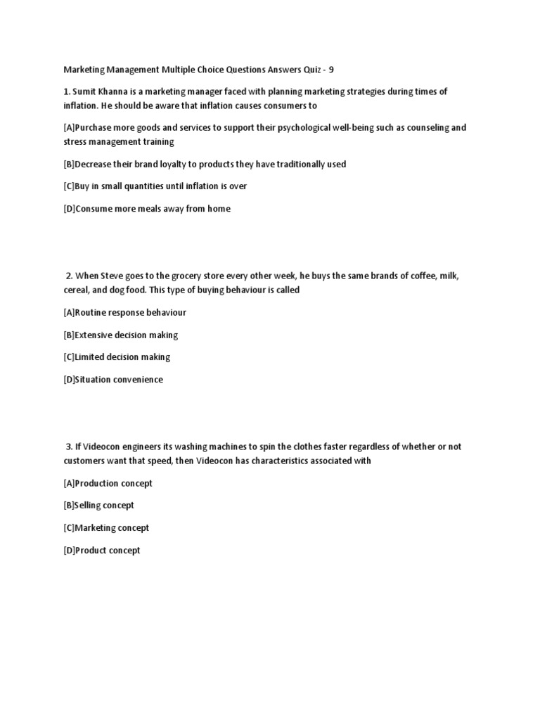 Marketing Management MCQs and Answers | PDF | Retail | Demand