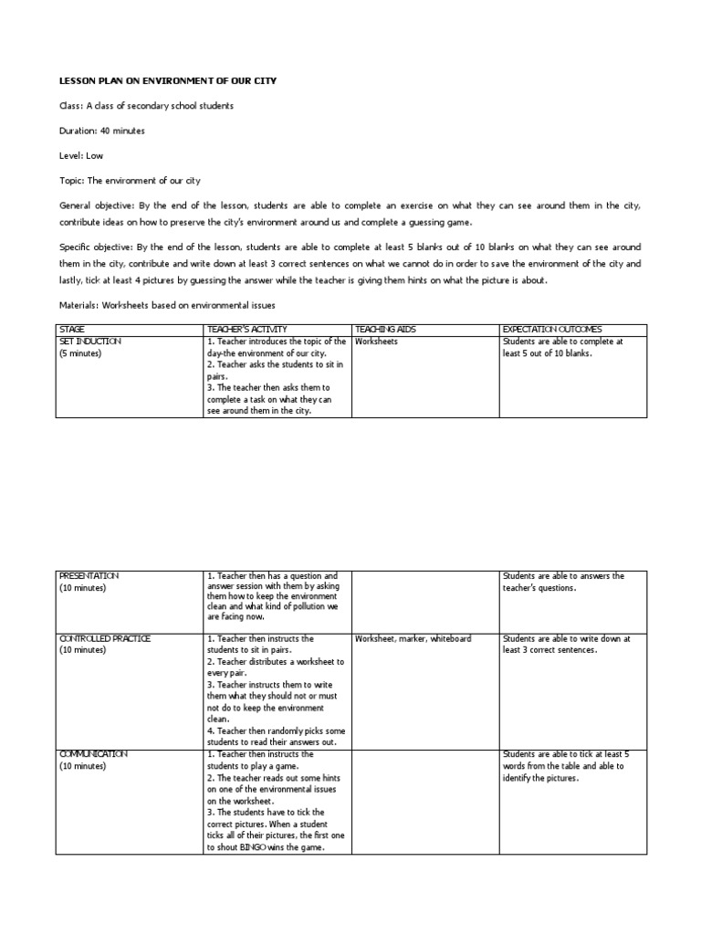 City Environment Lesson Plan | PDF | Career & Growth