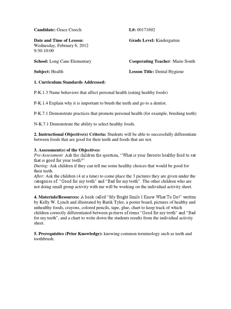 Lesson Plan - Dental Health | PDF | Educational Assessment | Quality Of ...
