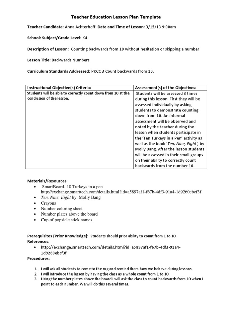 Counting Backwards Lesson Plan | PDF | Lesson Plan | Teaching