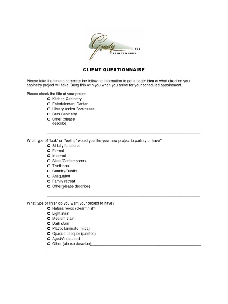 Client Kitchen Questionnaire | PDF | Kitchen | Food And Drink