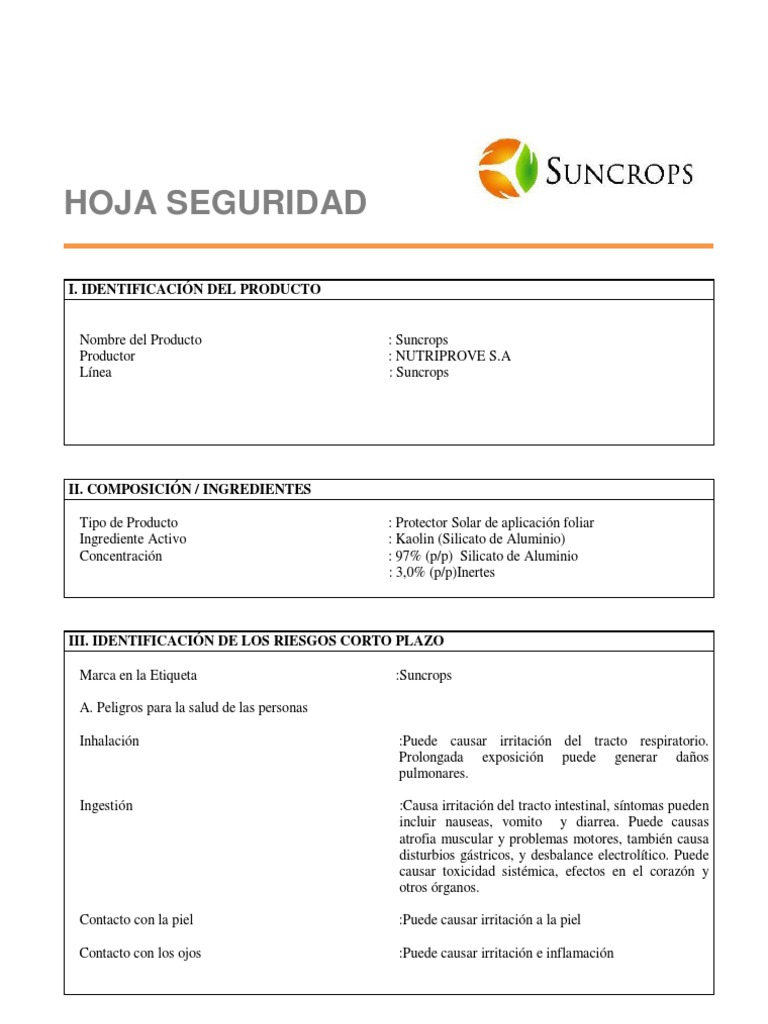 Suncrops: Hoja de Seguridad | PDF | Aluminio | Solubilidad