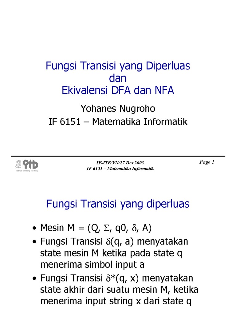 Fungsi Transisi + Ekivalensi DFA-NFA | PDF | Metode & Bahan Ajar