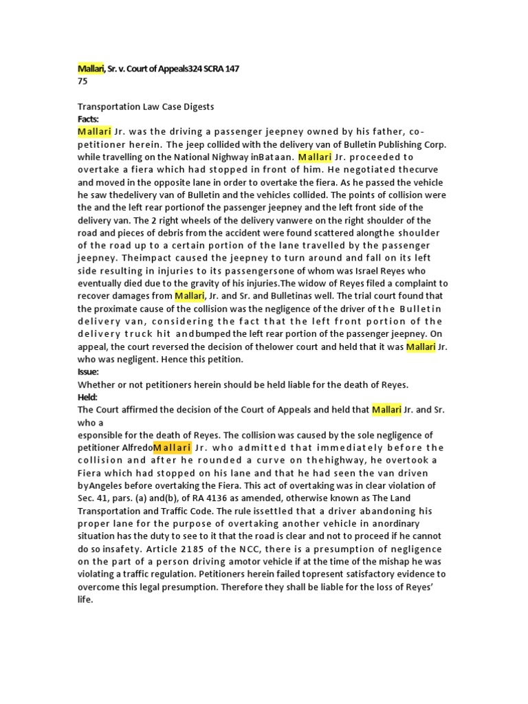 Mallari, Sr. v. Court of Appeals: Determining Liability When Violating ...