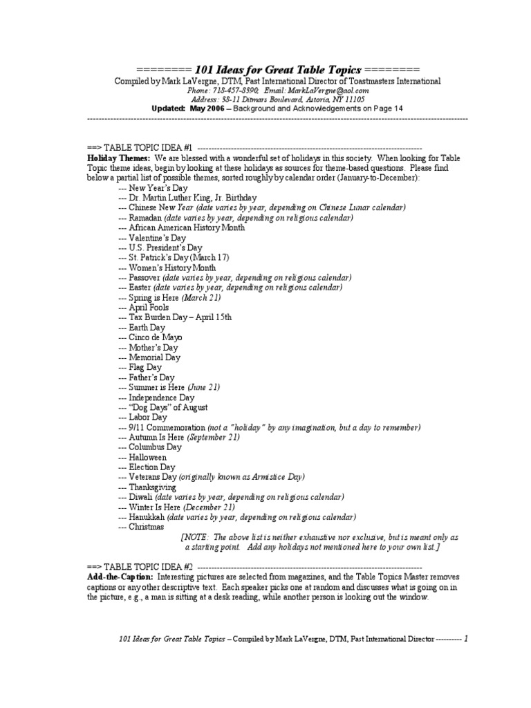 101 Table Topics Ideas | PDF