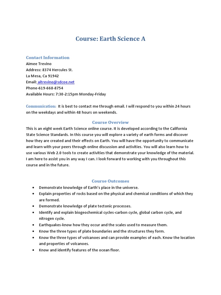Course: Earth Science A: Contact Information | PDF | Volcano | Earth