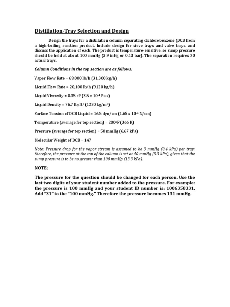 Distillation Column Design Exercise PDF | PDF | Pressure | Liquids