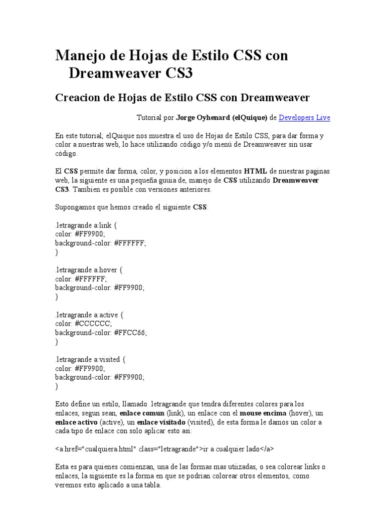 Estilos en Tablas Dream Cs3 | PDF | Adobe Dreamweaver | Hojas de estilo en cascada