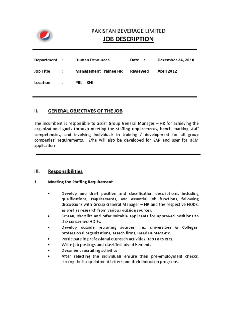 HR Management Trainee Job Description | PDF