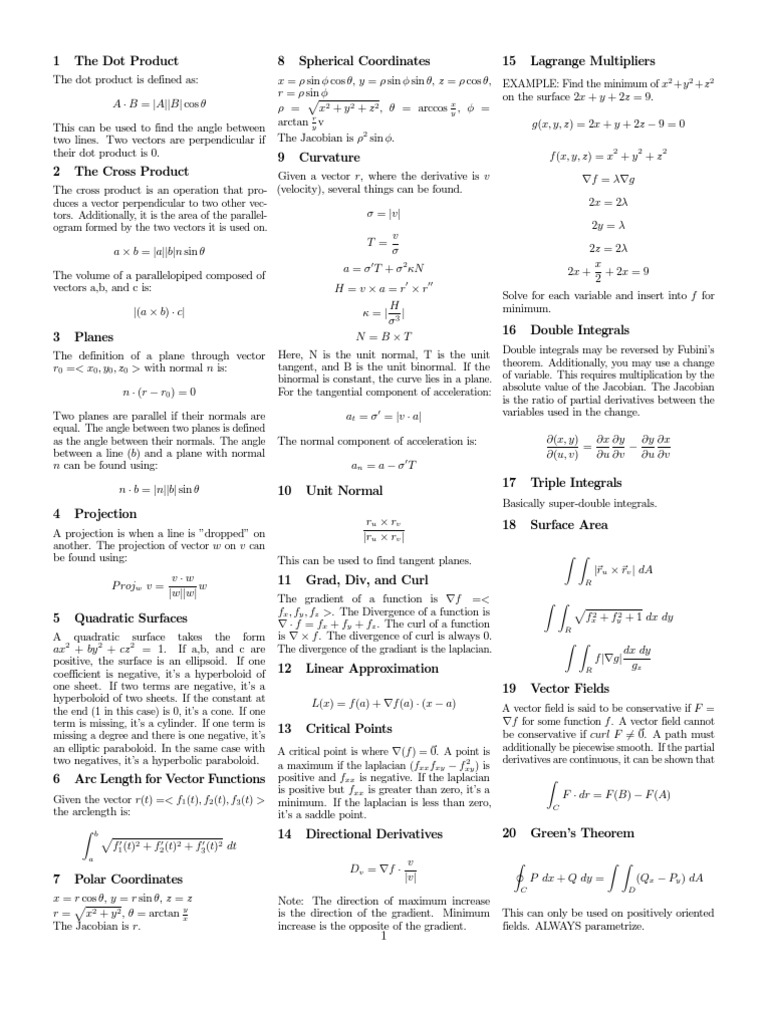 Multivariable Calculus Review Sheet | PDF | Integral | Gradient