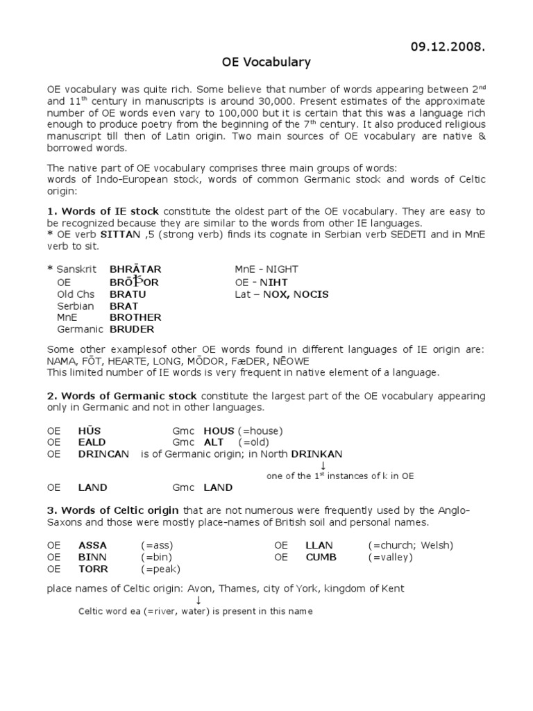 Old English Vocabulary | PDF | Celts | Germanic Peoples