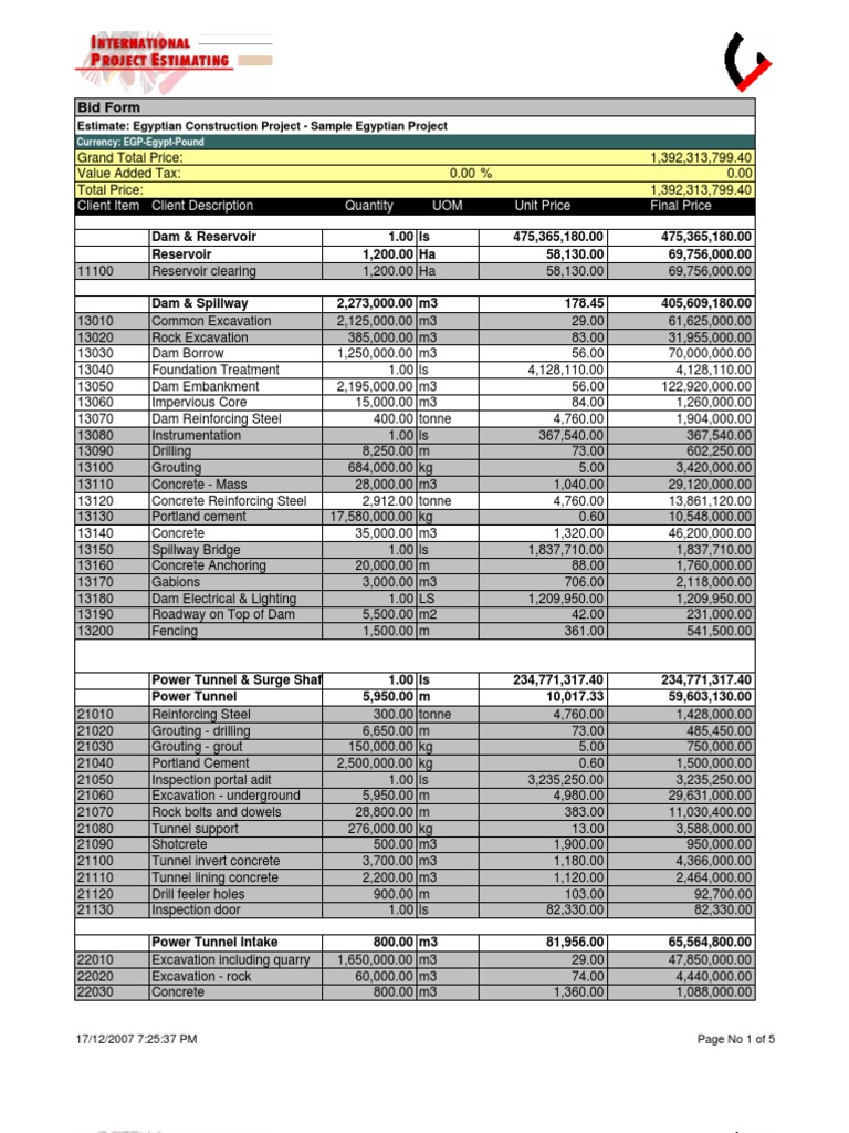 110 Bid Form | PDF | Dam | Tunnel