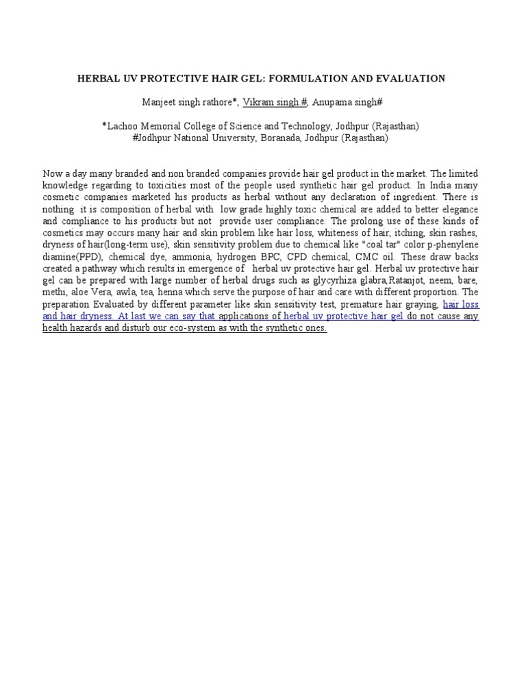 Herbal UV Protective Hair Gel Formulation | PDF | Technology & Engineering
