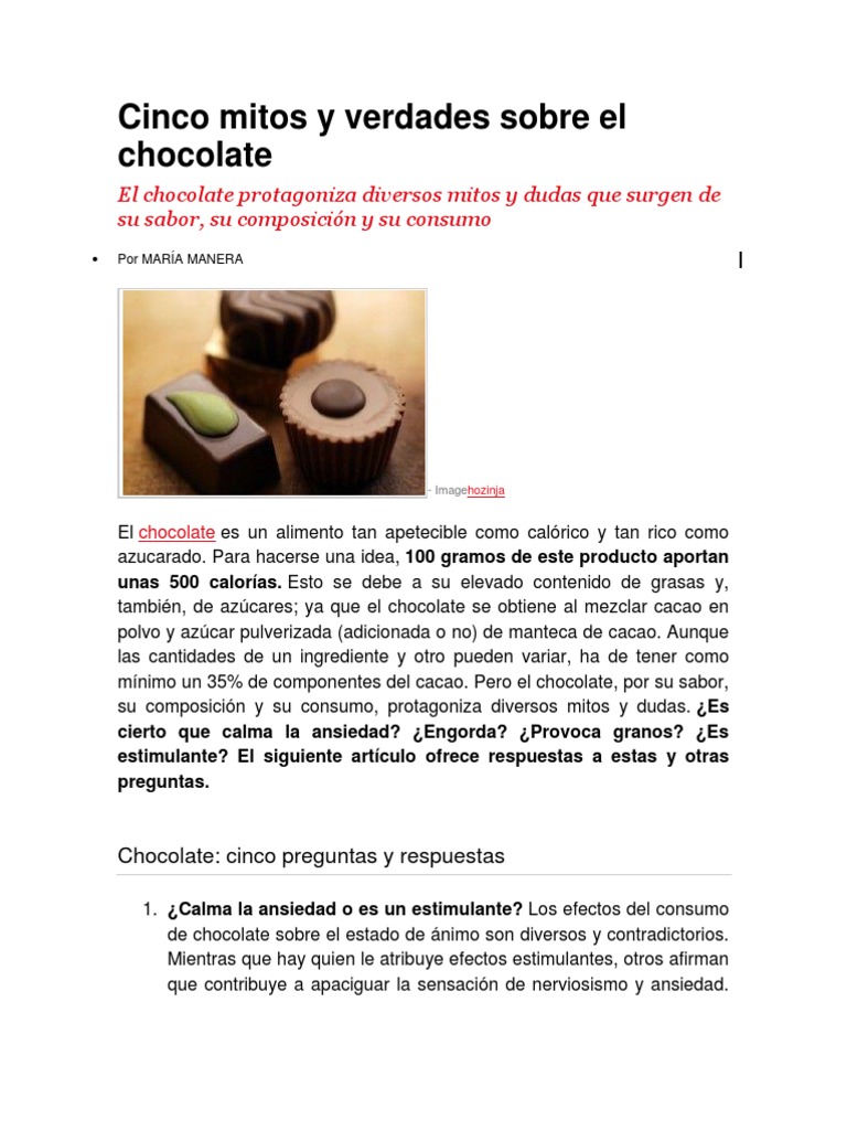 Cinco Mitos y Verdades Sobre El Chocolate | PDF | Chocolate | Sólidos ...