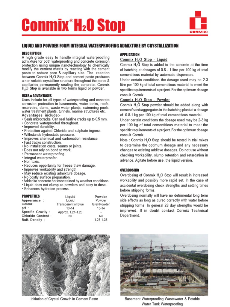 TDS Conmix H2O Stop 019 Oct12 | PDF | Concrete | Chemistry
