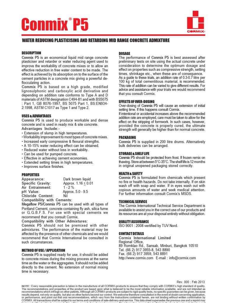 TDS Conmix P5 000 Feb13 | PDF | Concrete | Cement