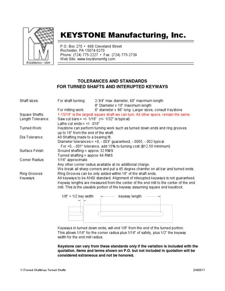KEYSTONE Manufacturing, Inc.: Tolerances and Standards For Turned ...
