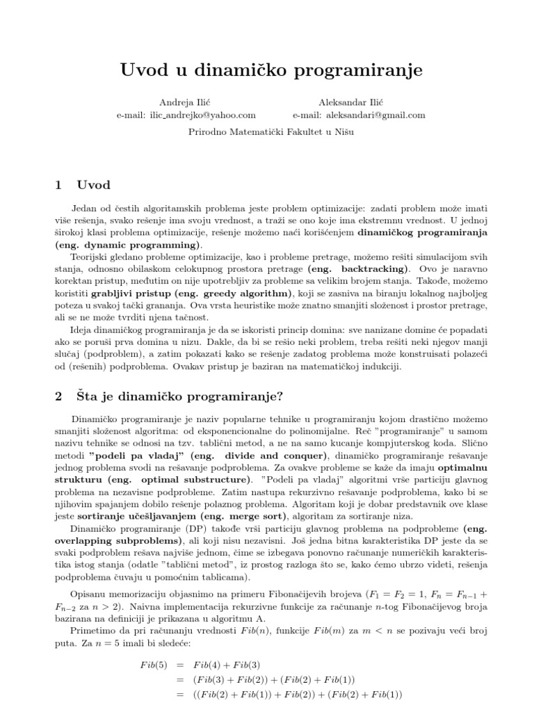 Uvod U Dinamicko Programiranje | PDF