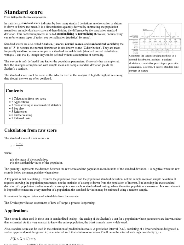 Standard Score | PDF | Standard Score | Standard Deviation