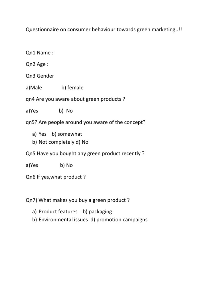 Questionnaire On Consumer Behaviour Towards Green Marketing | PDF | Consumer Behaviour | Marketing
