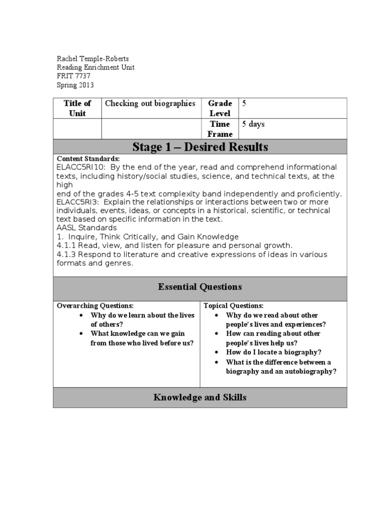 Ubd Reading Enrichment Unit Final | PDF | Biography | Knowledge