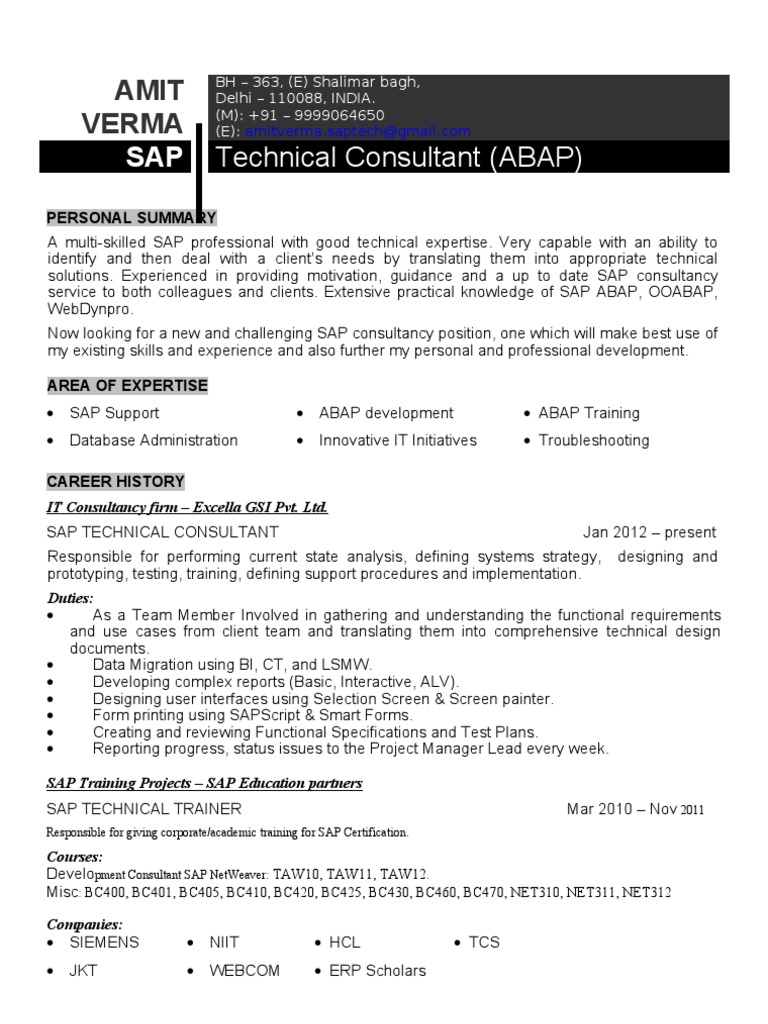 A Resume for an Experienced SAP ABAP Technical Consultant Seeking New Opportunities | PDF | Sap ...